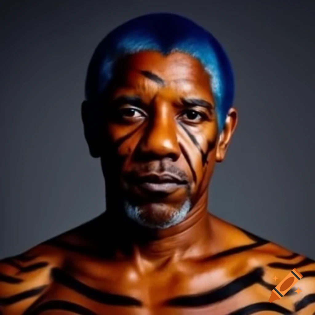 Muscular figure resembling actor with tiger-style makeup and vibrant ...