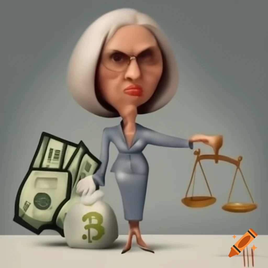 Caricatured Lady Justice blindfolded with tipped scales and money bag ...