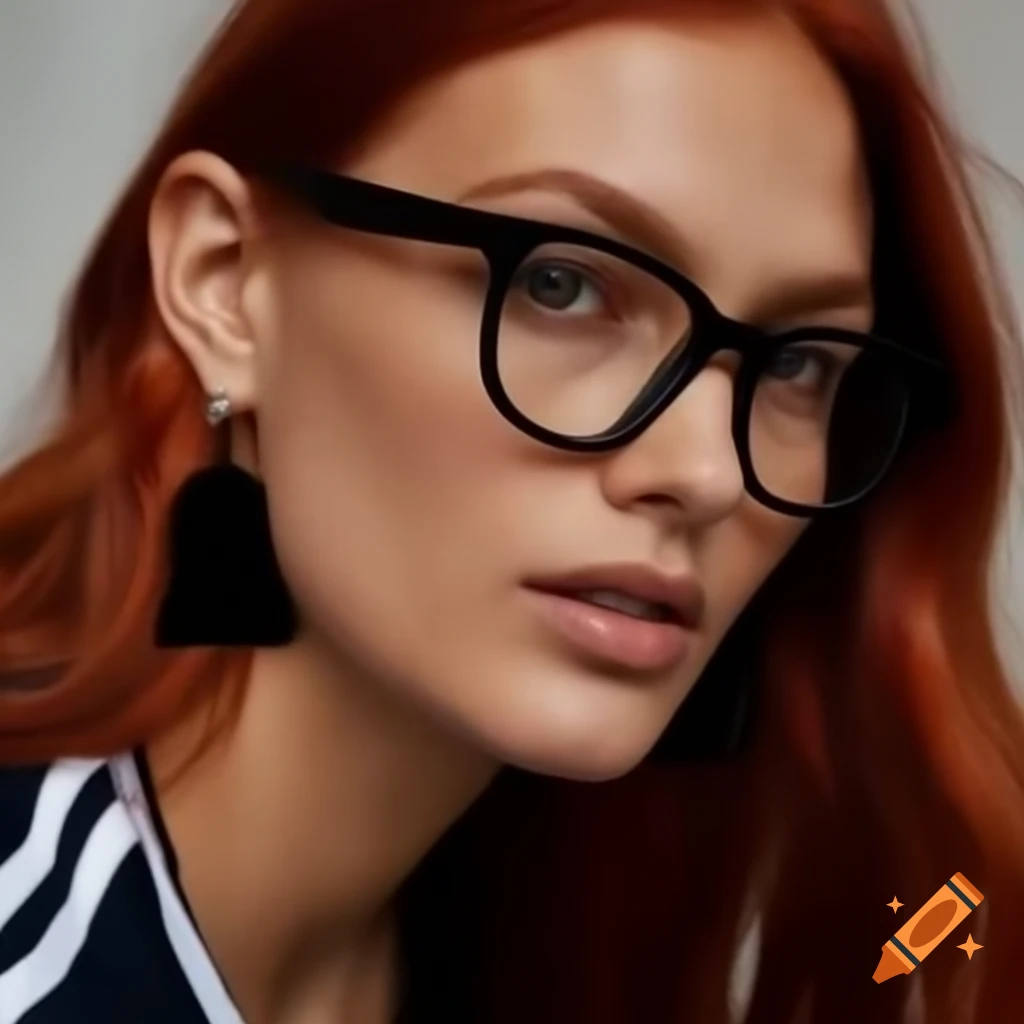 Reddish-brown haired hipster woman with angular glasses and ...