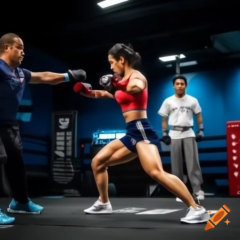 Chun-li in powerful pose during fitness training at gym on Craiyon