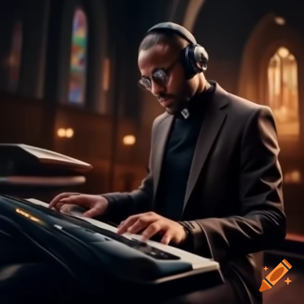 Musician playing keyboard in church with spotlight on Craiyon