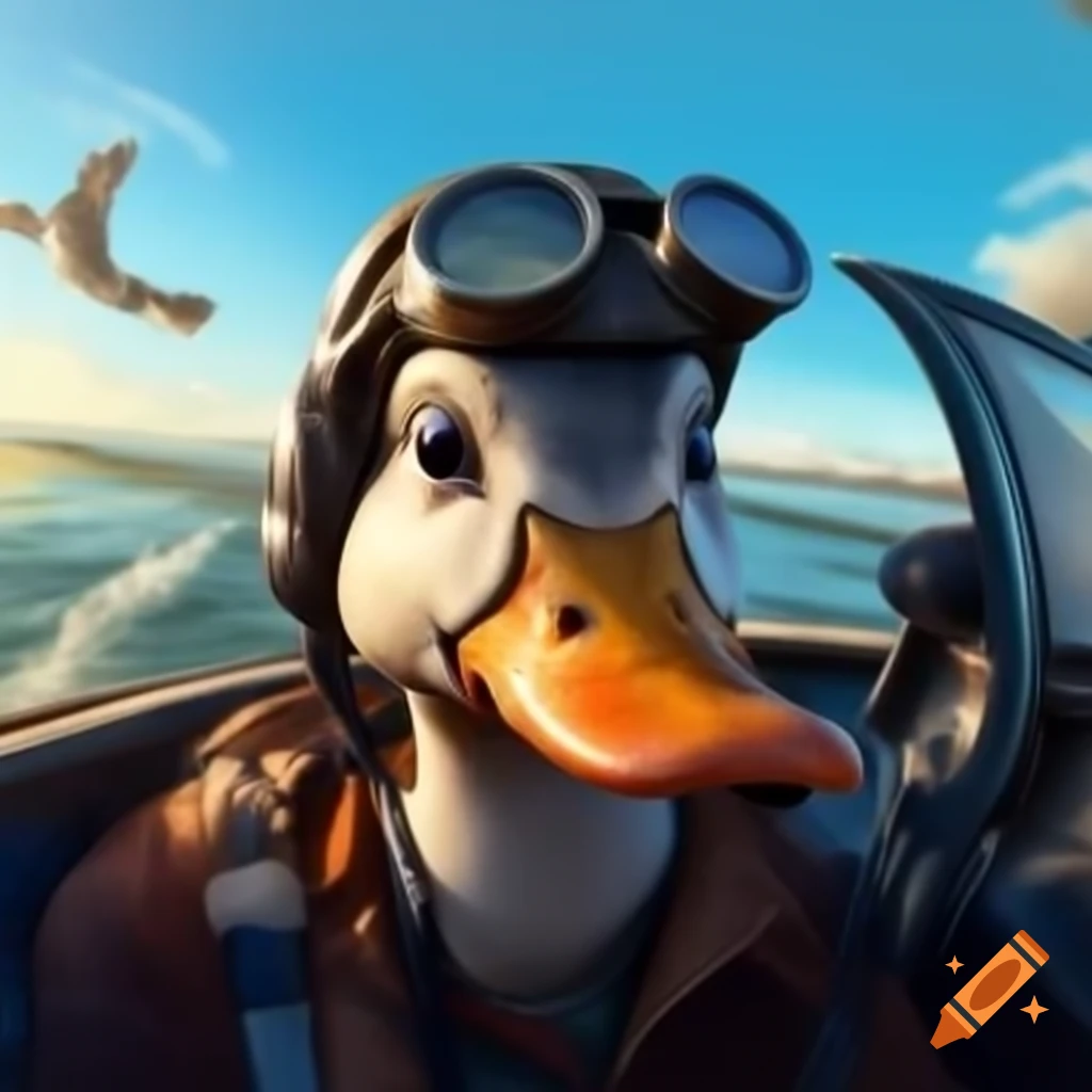 Duck in vintage aviator helmet and goggles taking flight on Craiyon