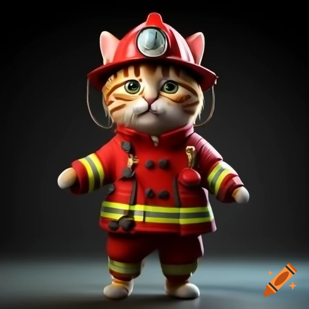 Cartoon illustration of a cute firefighter cat in red coat with ...