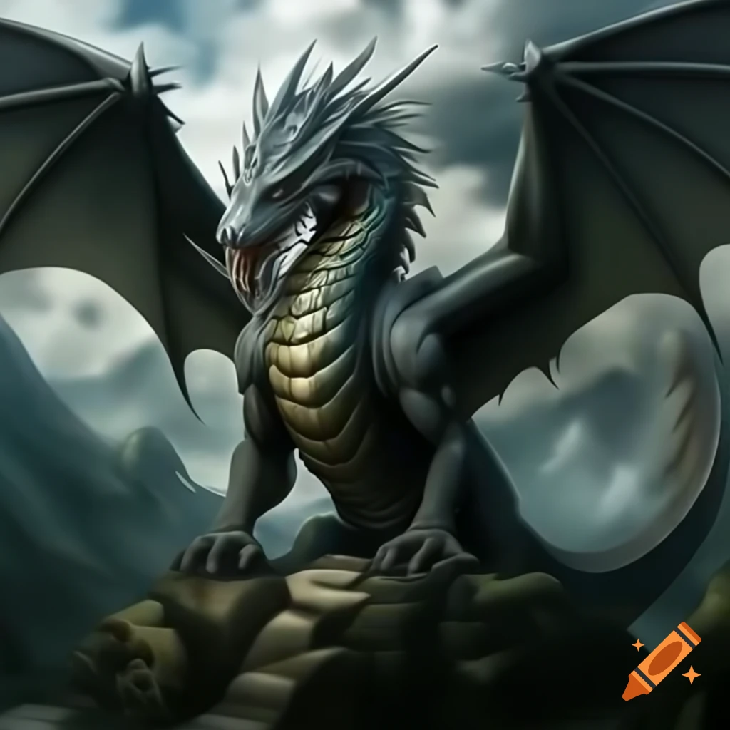 Colossal dragon breathing fire over treacherous mountain crags on Craiyon