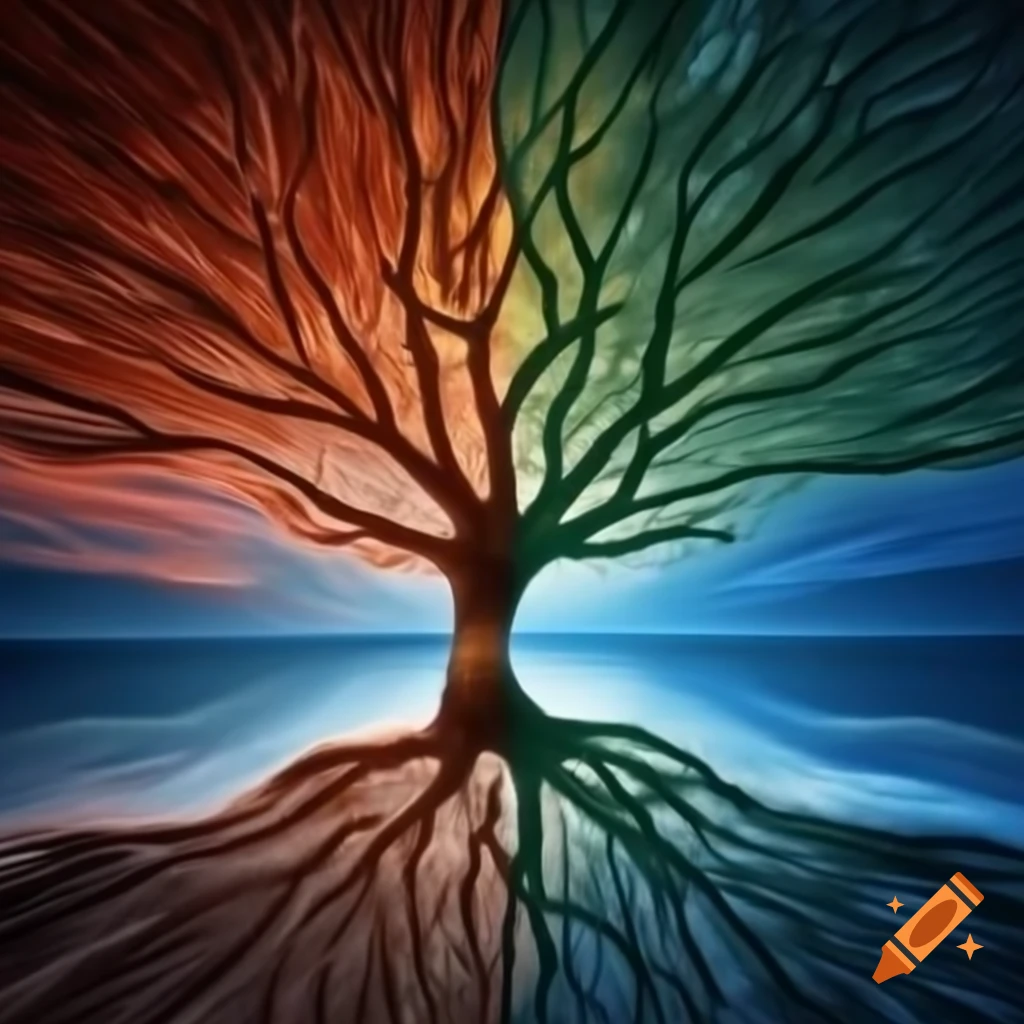 Tree trunk designed as a DNA strand in vivid colors on Craiyon