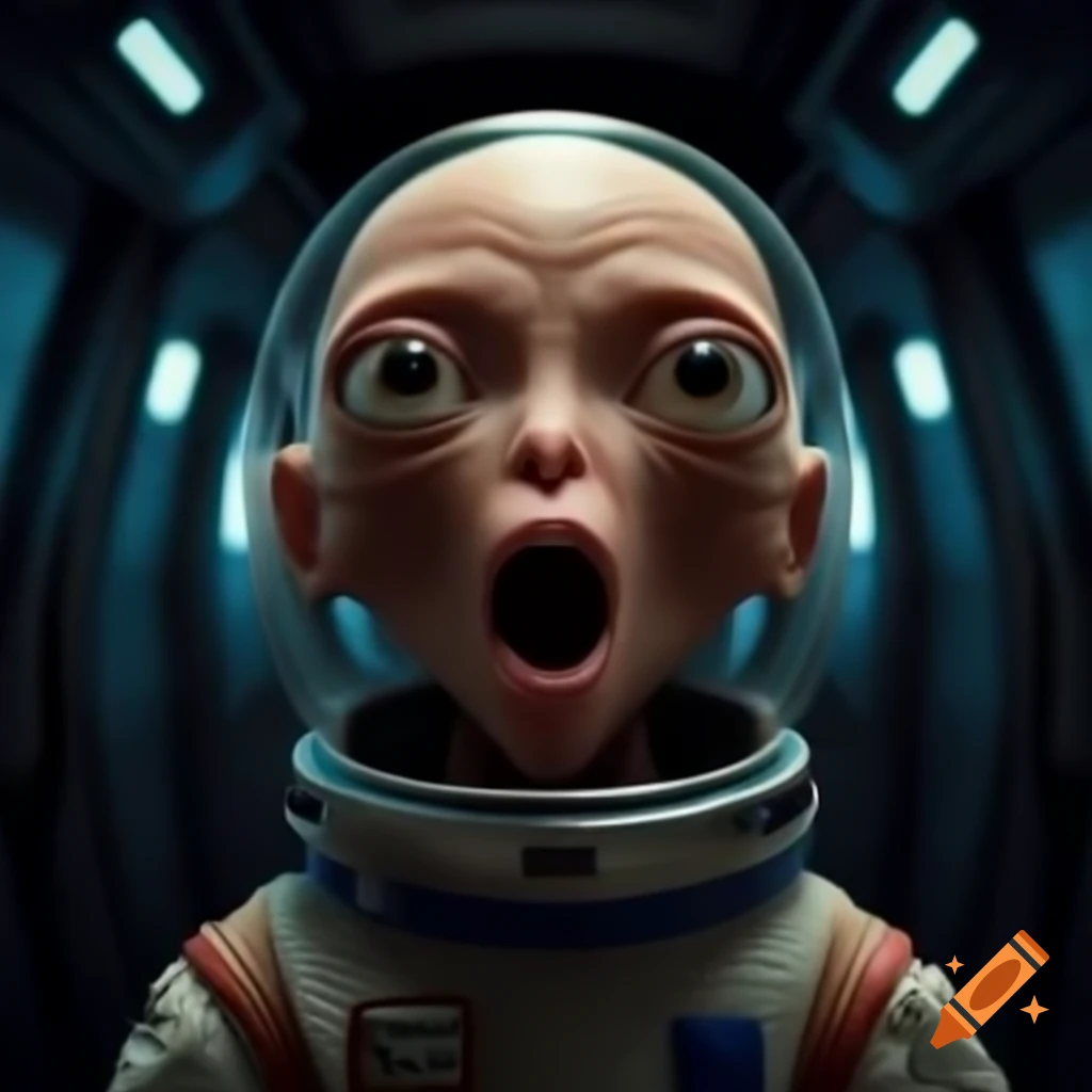 Extraterrestrial humanoid in space suit inside spaceship, gazing ...