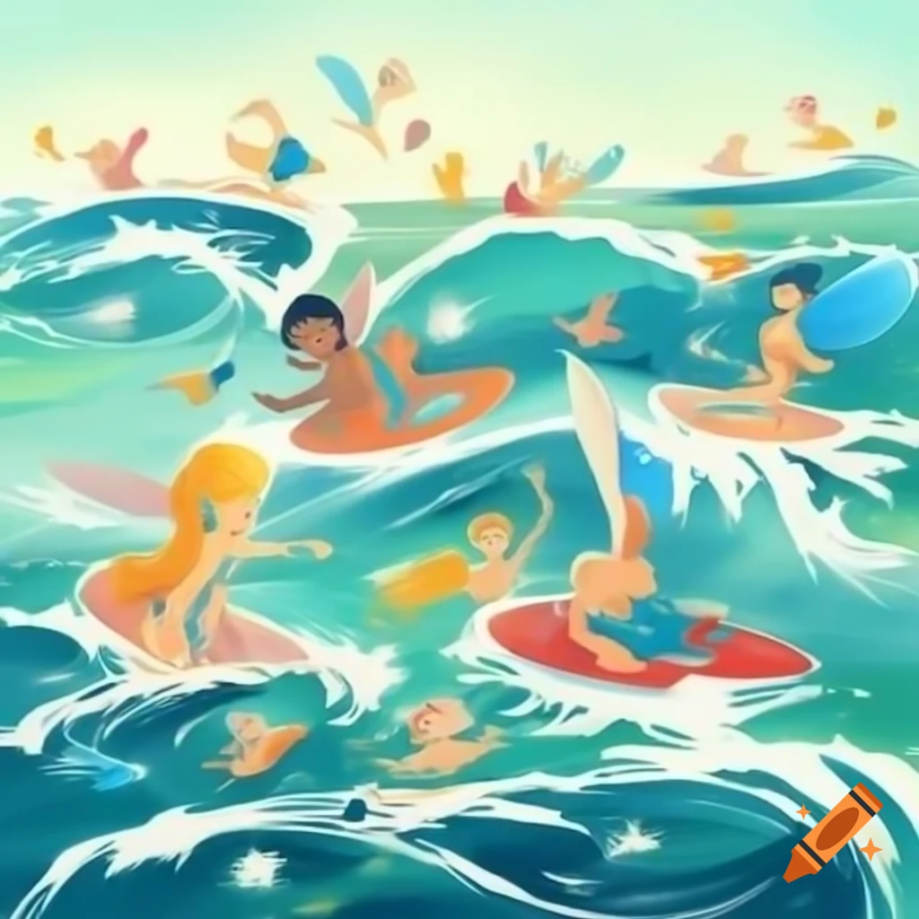 Whimsical beach scene with pixies and fairies riding waves on surfboards on Craiyon