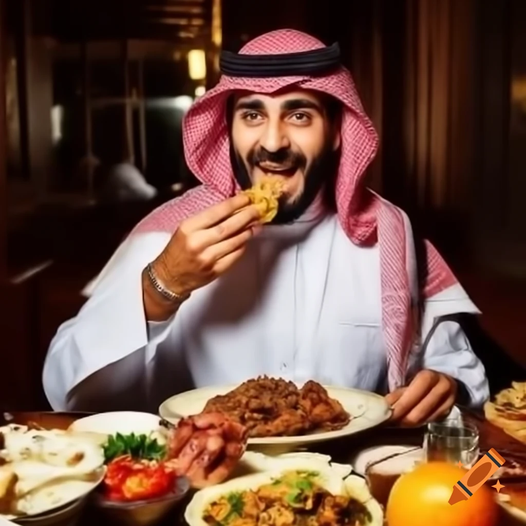 Arab sheik enjoying a meat feast at dinner on Craiyon