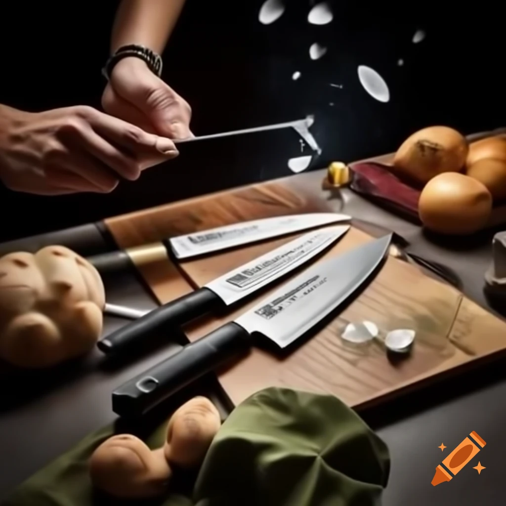 Chef orchestrating gleaming knives as musical instruments in high ...