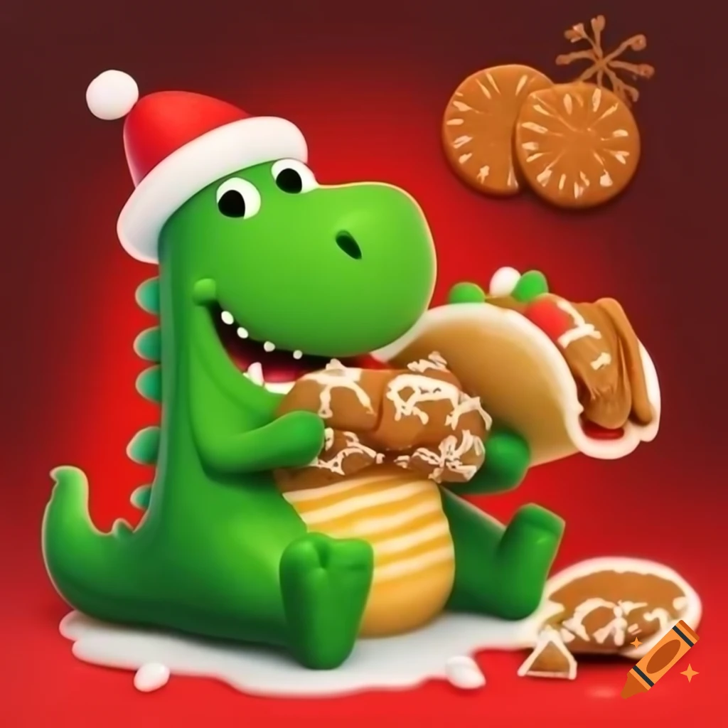 Festive green dinosaur in Santa hat enjoying tacos and gingerbread ...