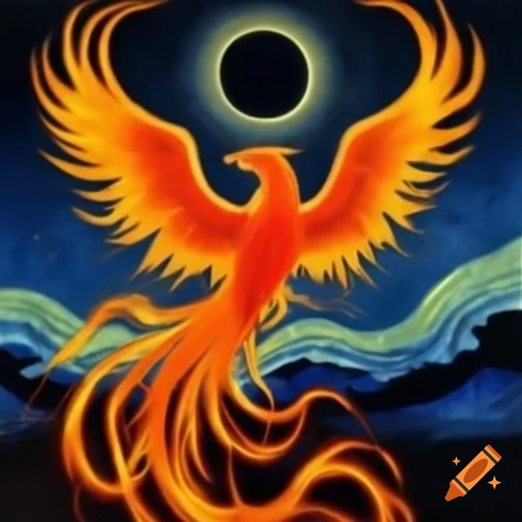 Orange phoenix with yellow flames against sun, dark sky, and bright ...