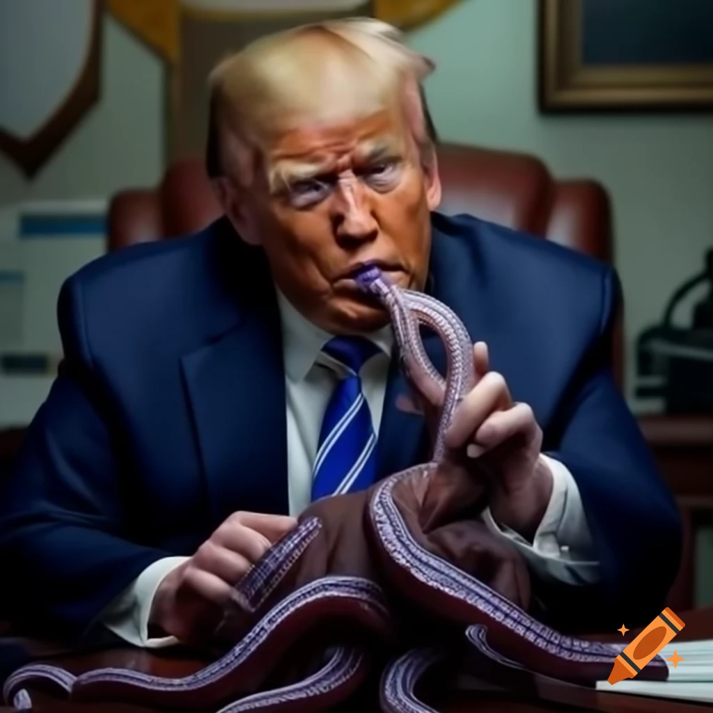 Donald Trump humorously eating an octopus in an office setting on Craiyon