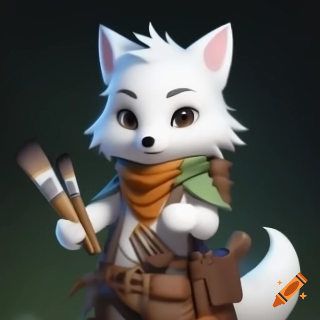 Arctic white fox kit with paintbrush in fantasy D&D character style on ...