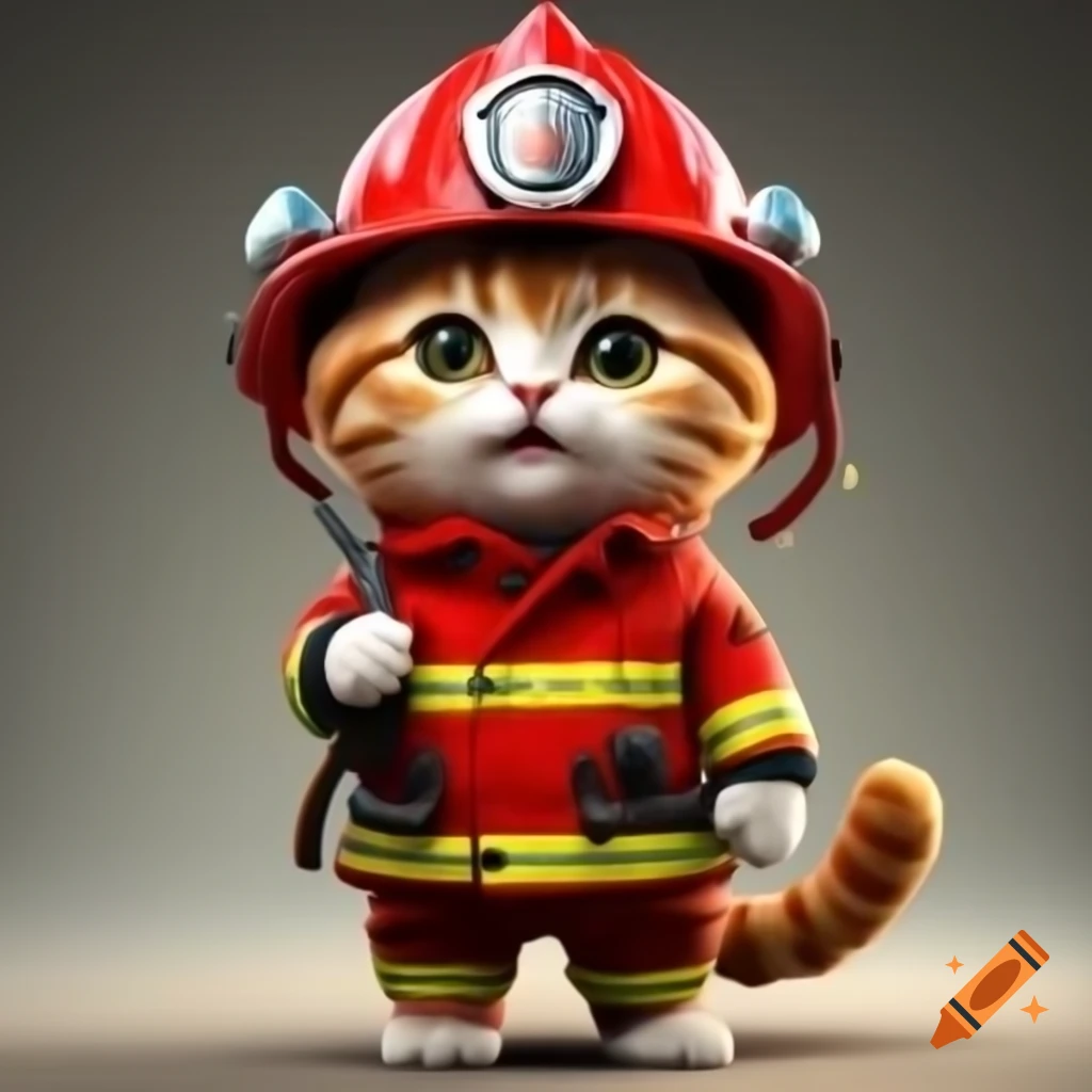 Cartoon illustration of a cute firefighter cat in red coat with ...