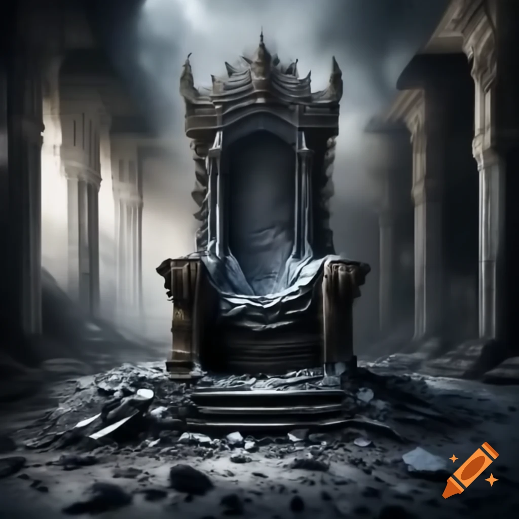 Ancient royal throne shattered in crumbling palace with debris and ...