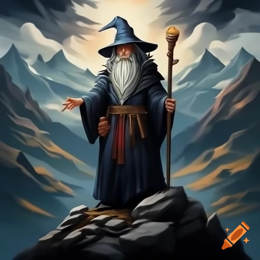 Short wizard with staff at the base of a mountain on Craiyon