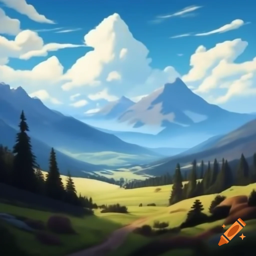 Realistic landscape featuring mountains, valleys, and trees in light ...