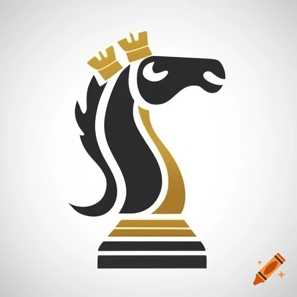 Chess knight logo in black and white with golden accents on Craiyon