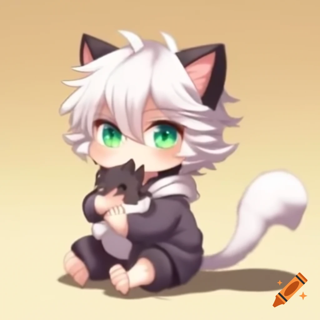Cute chibi anime catboy with fluffy ears and tail in playful pose on ...