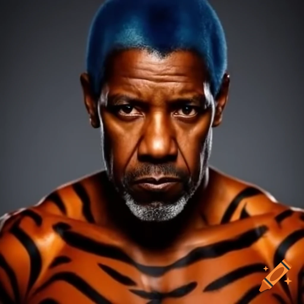 Muscular actor in tiger-style makeup with blue hair and orange skin on ...
