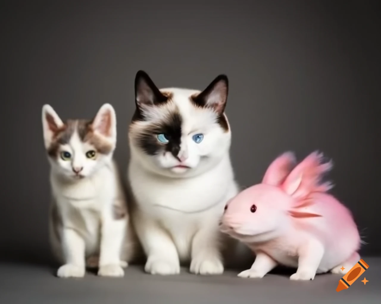 Siamese cat, Siberian husky, dwarf hotot rabbit, and pink axolotl ...