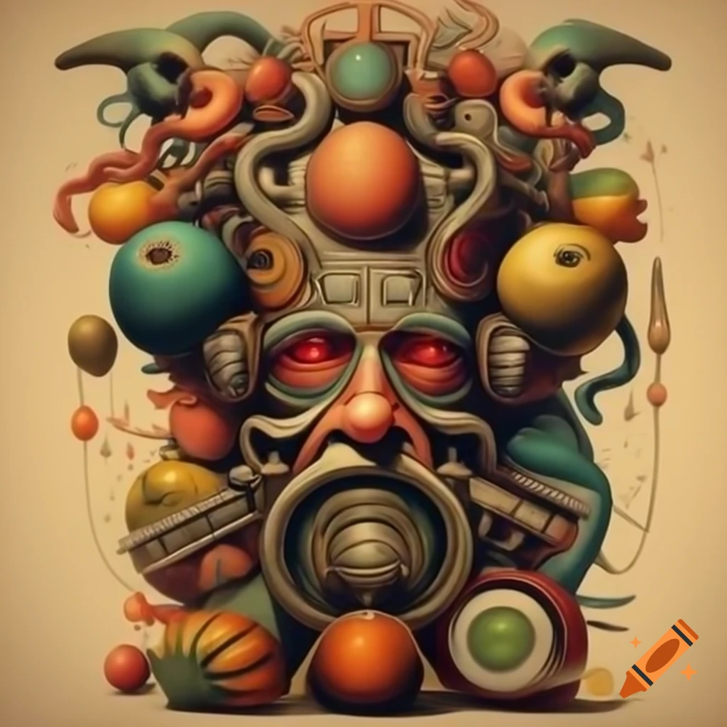 Surreal flat drawing portrait with complex motifs and creatures ...