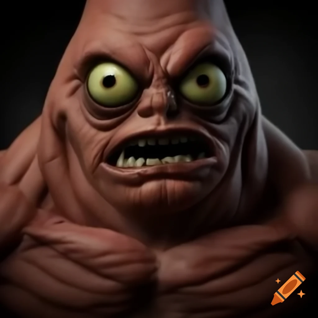 Realistic depiction of Patrick Star with big eyes and muscular build on Craiyon