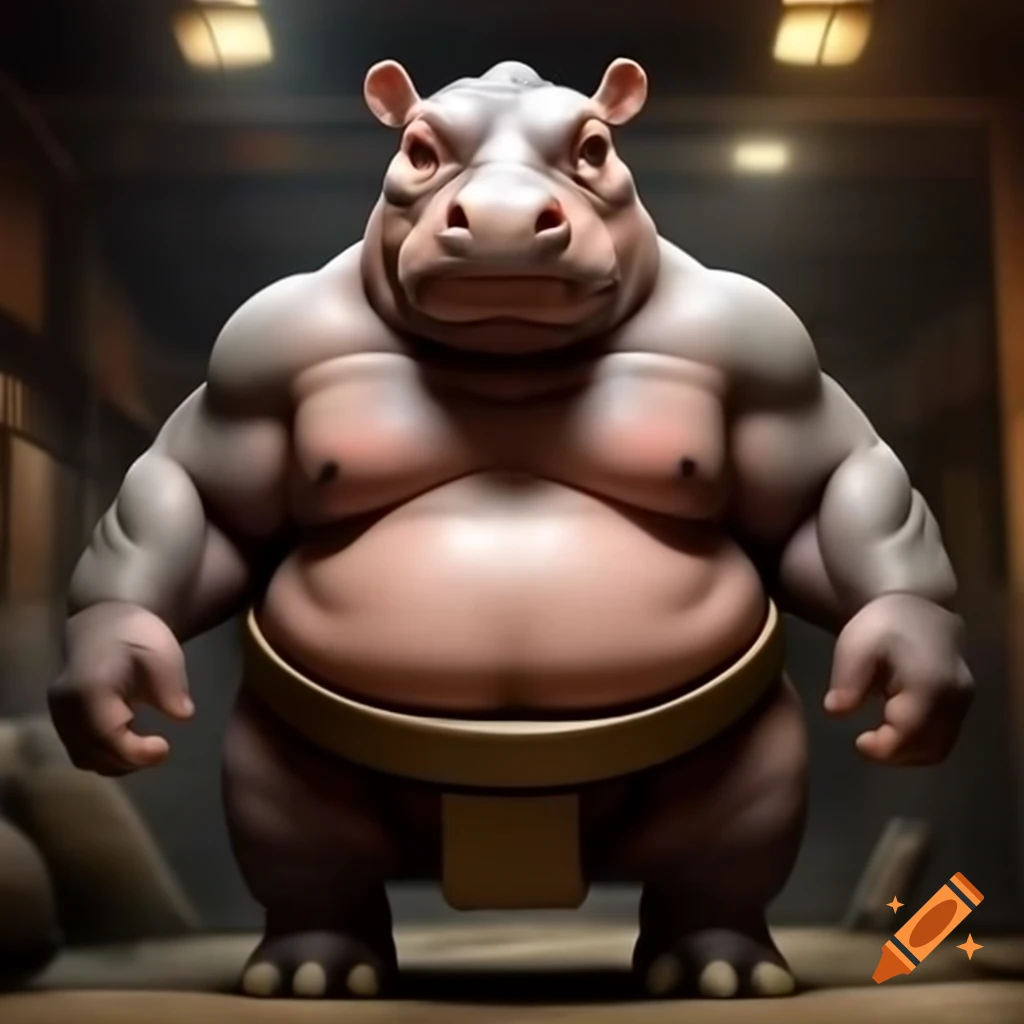 Anthropomorphic hippo in sumo stance, exaggerated size on Craiyon