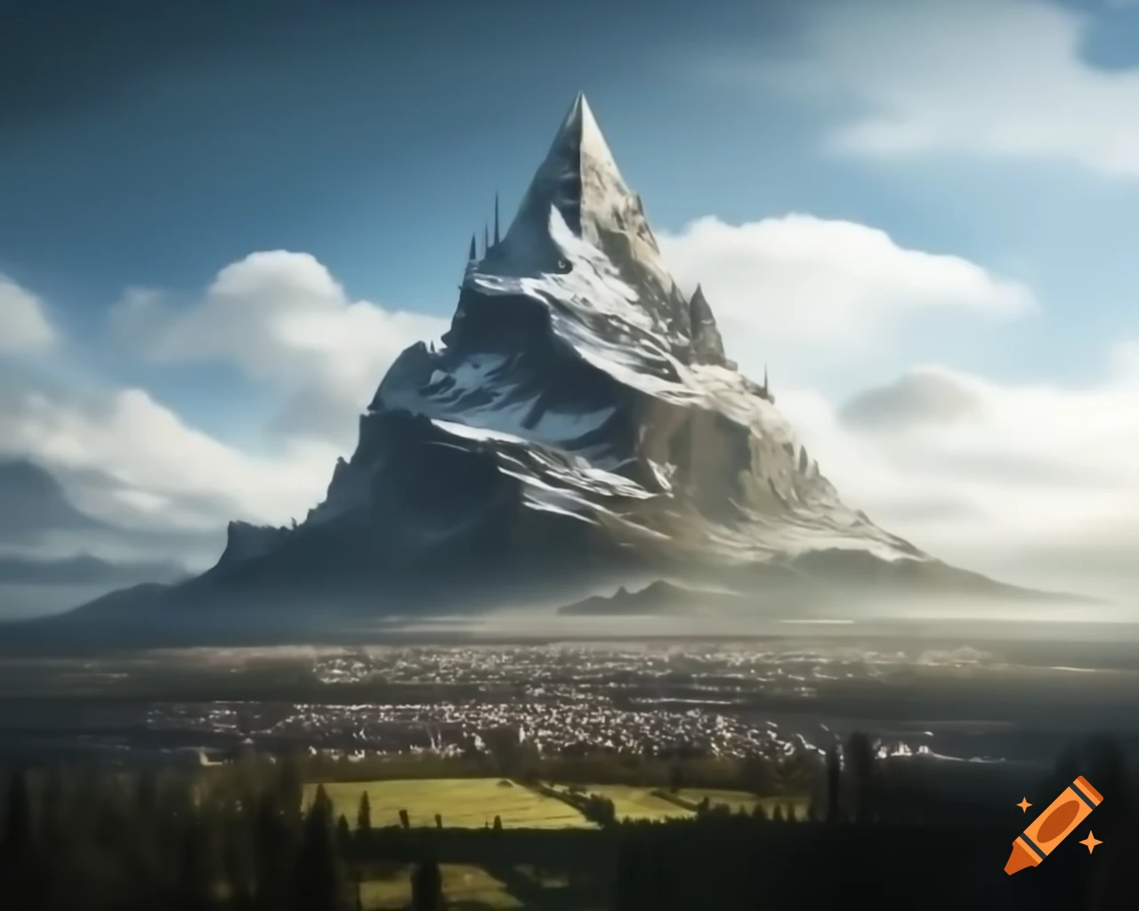 City with towering walls and giant towers beneath snow-capped mountain ...