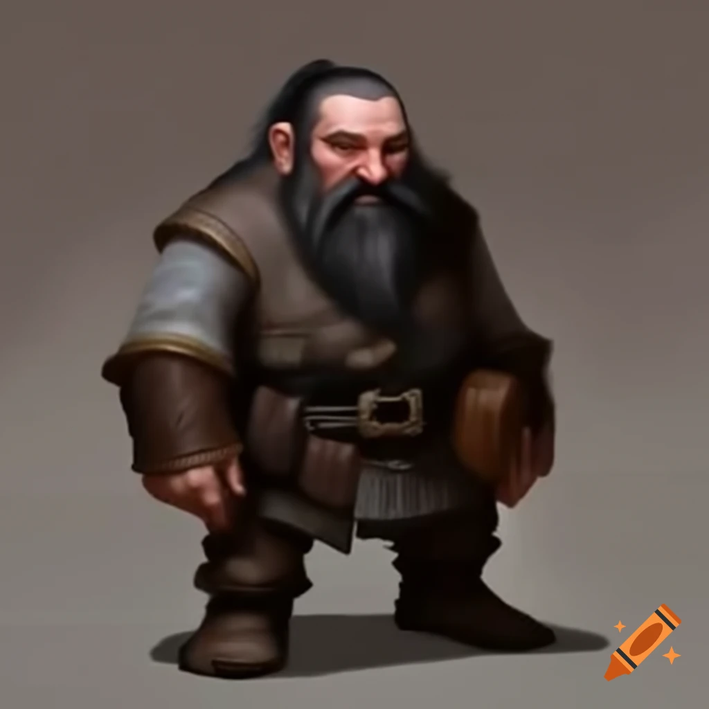 Male dwarf character with black hair and beard, scarred face and sad expression in Dungeons and ...