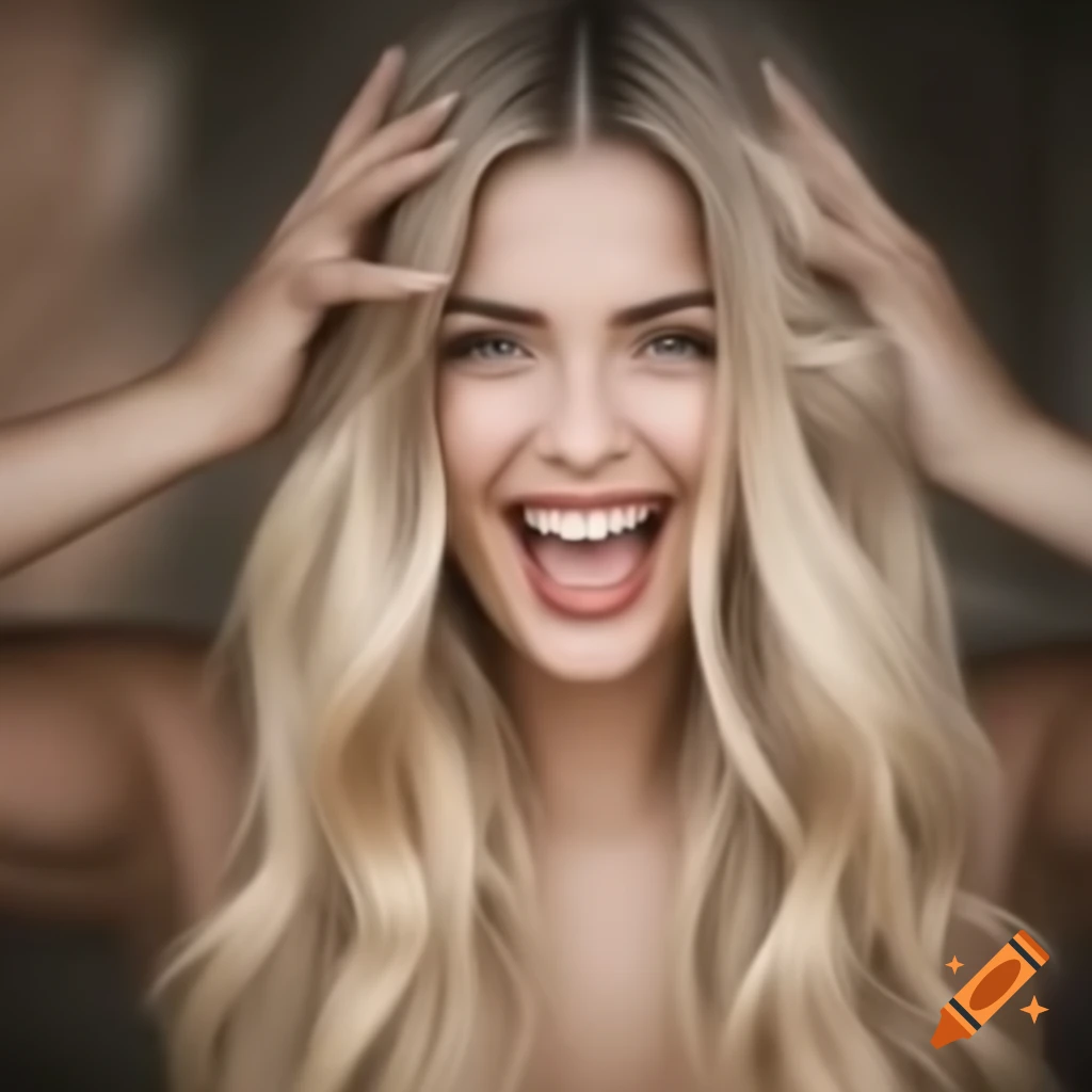 Beautiful blonde woman smiling warmly with flowing hair and highlights on Craiyon