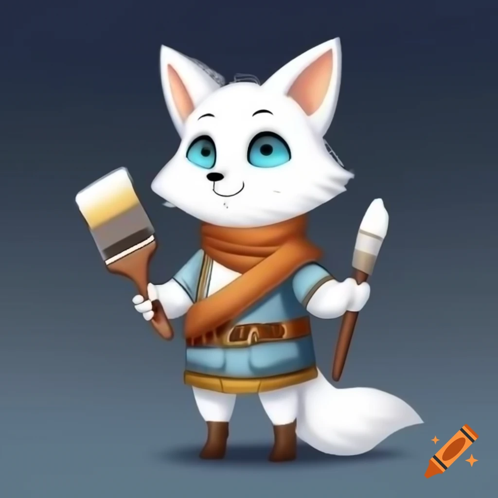 Arctic white fox kit with paintbrush in fantasy D&D character style on ...