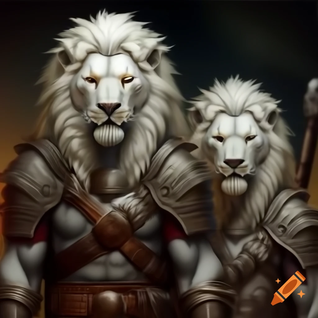 Anthropomorphic lion barbarian and white-furred mage on Craiyon