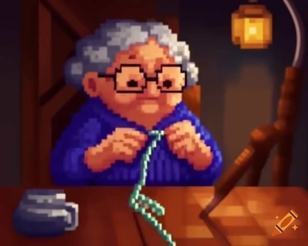 Pixel art of an elderly lady knitting a cozy sweater on Craiyon