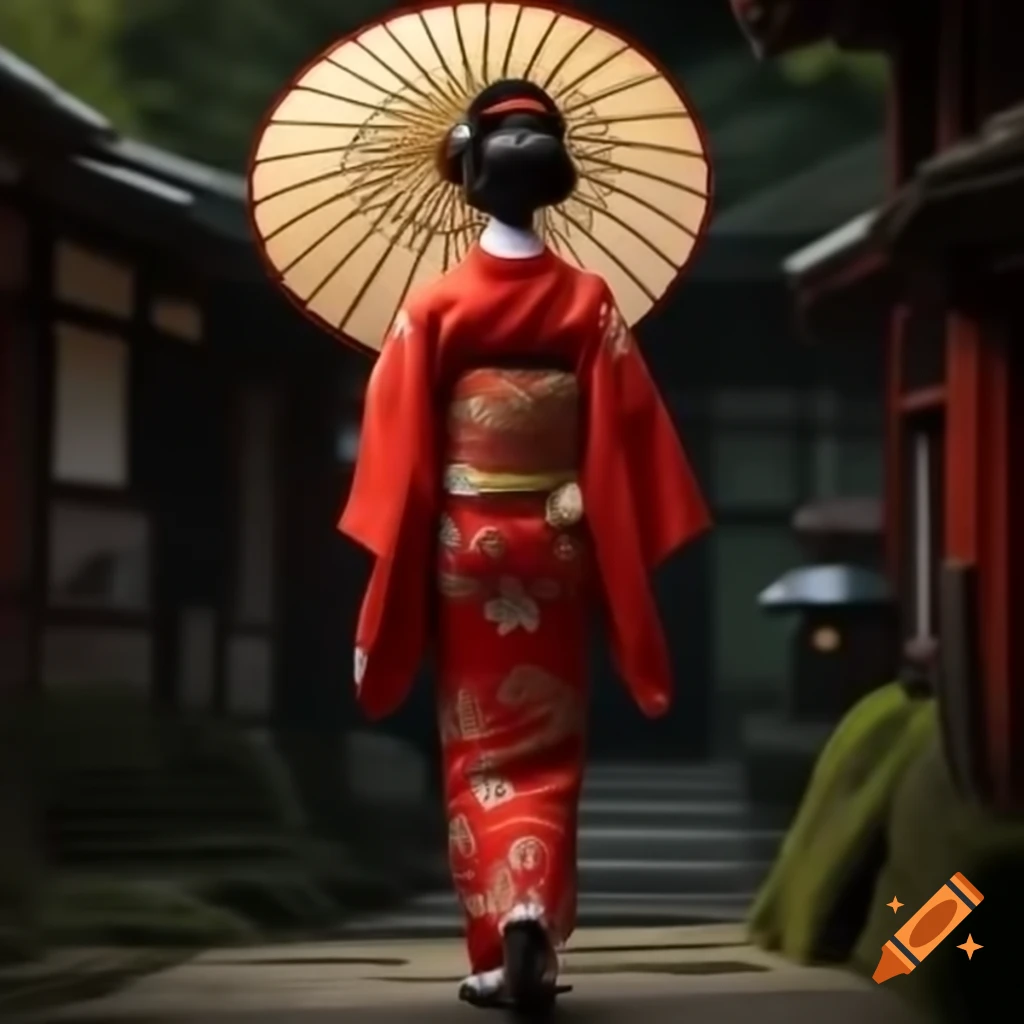 Full body view of geisha in red kimono holding umbrella on Craiyon