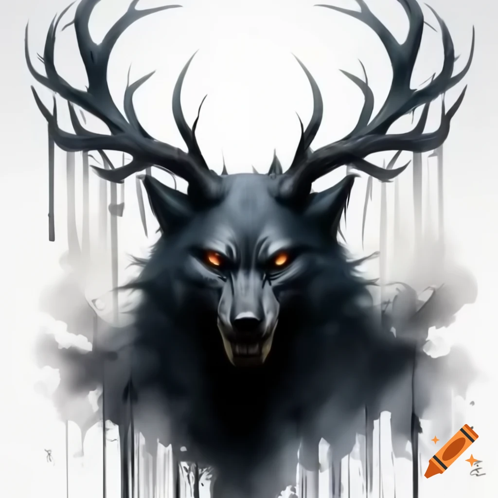 Horror-themed black wolf monster with antlers and scales on Craiyon