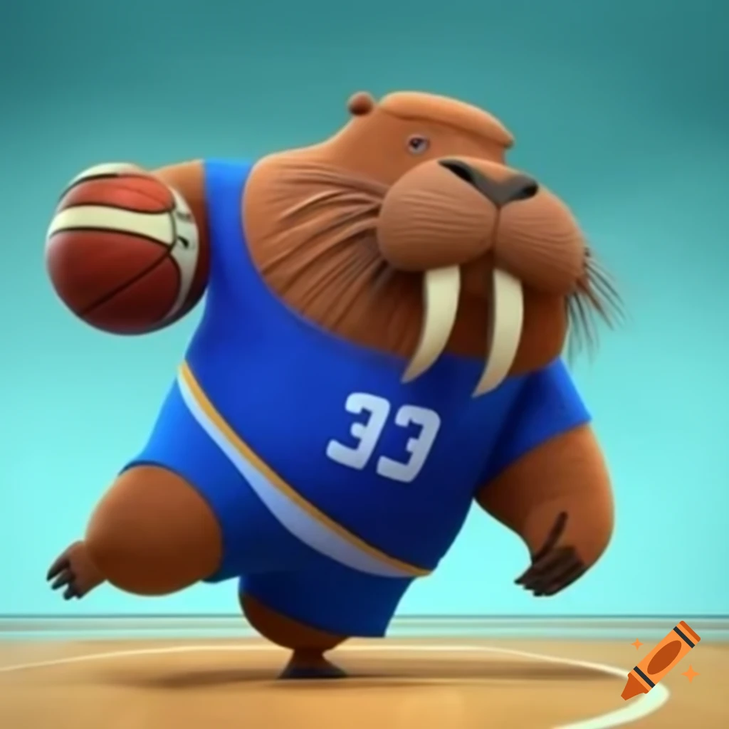 Anthropomorphic walrus in blue jersey and shorts playing basketball on ...
