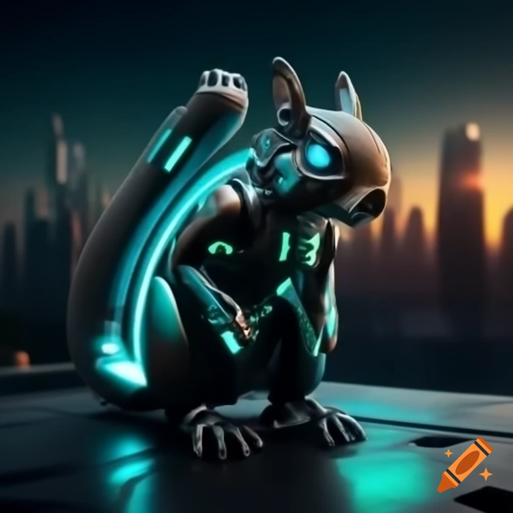 Bio-mechanical squirrel with bioluminescent tail against cyberpunk ...