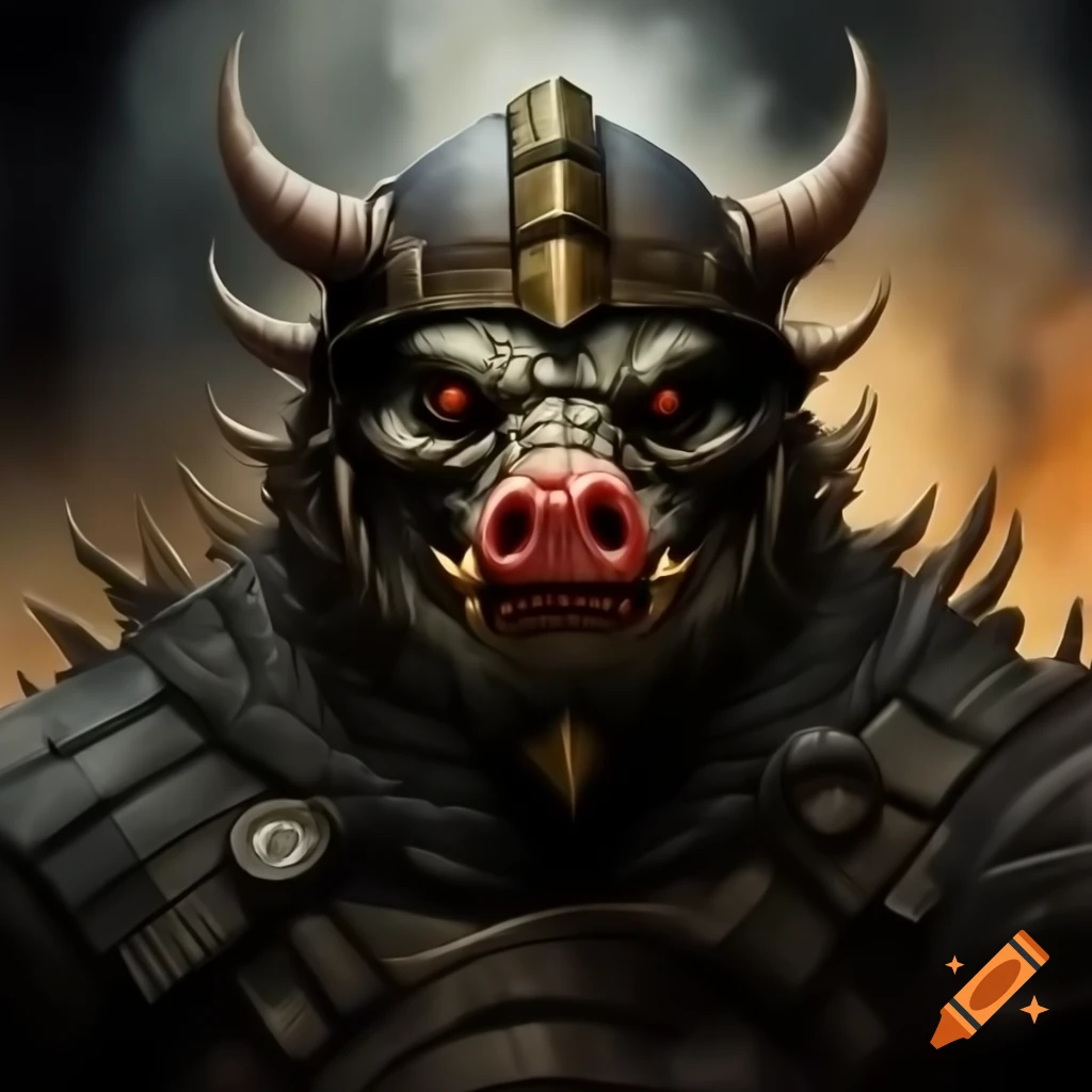 Horror monster wearing helmet and black armor, resembling a pigman on ...