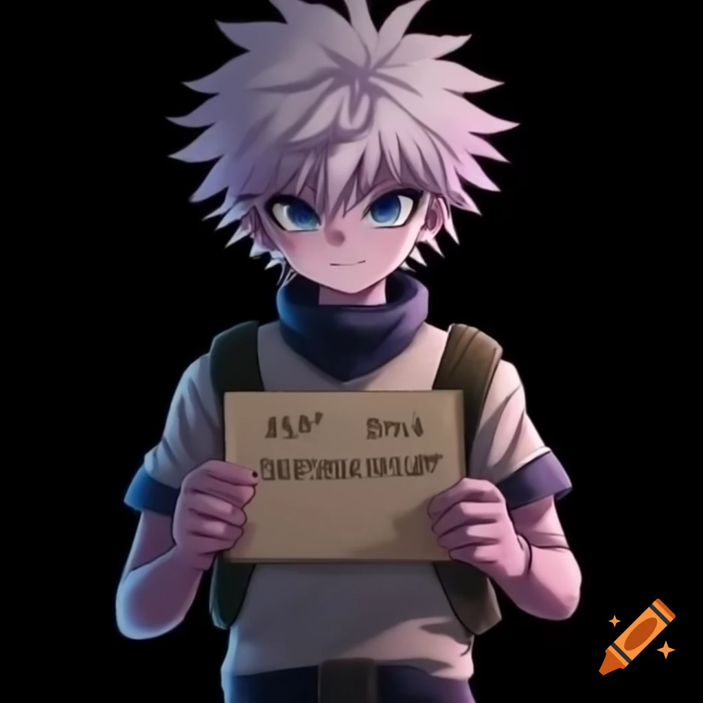Anime character Killua from Hunter x Hunter holding a sign with the ...