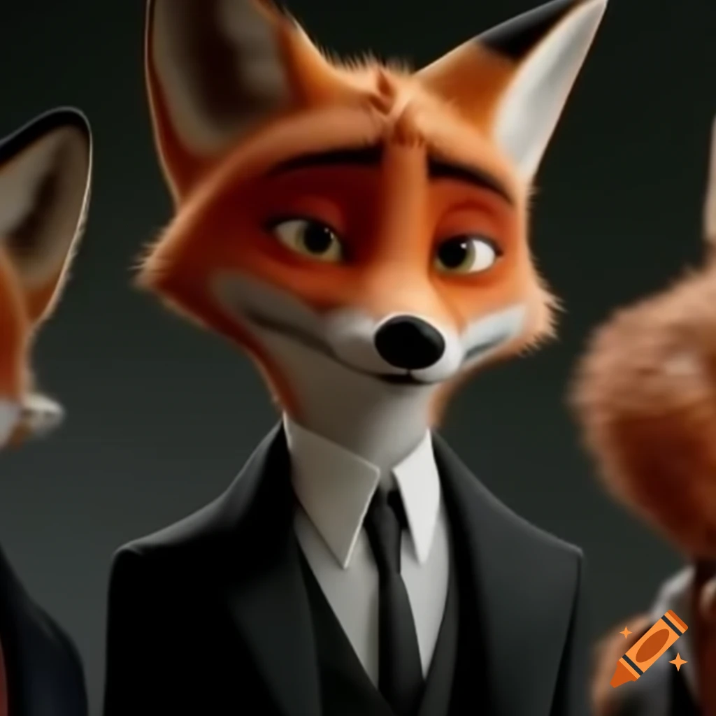 Biped silver and red foxes in suits, 2D animation style on Craiyon