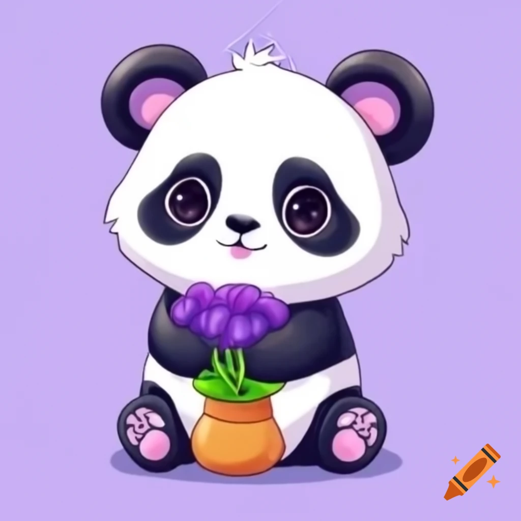 Charming panda in bowtie presenting radiant bundle of blushing violets ...