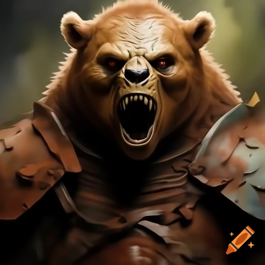 Horror monster resembling a bear troll in rusty armor on Craiyon
