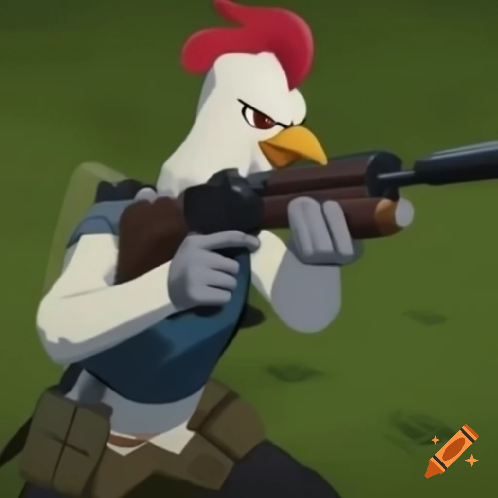 White and gray rooster character holding rifle from anime "Chicken Gun ...