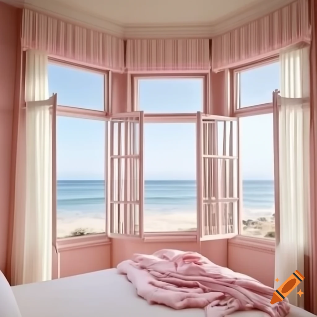 Beautiful pale pink room with ocean view and large windows on Craiyon