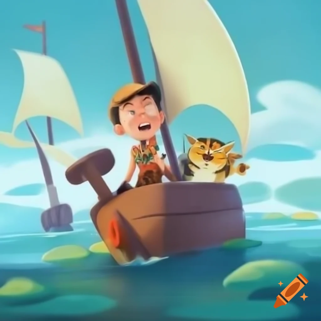 Young adventurer sailing with loyal pet tiger in calm waters on Craiyon