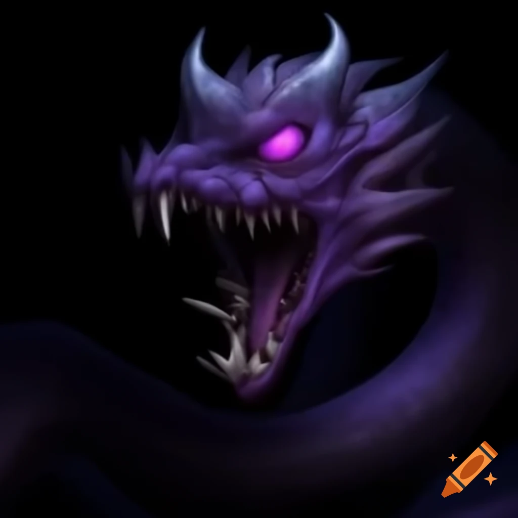 Furry purple-eyed monster with triangle body, horn, snake tail, sharp ...