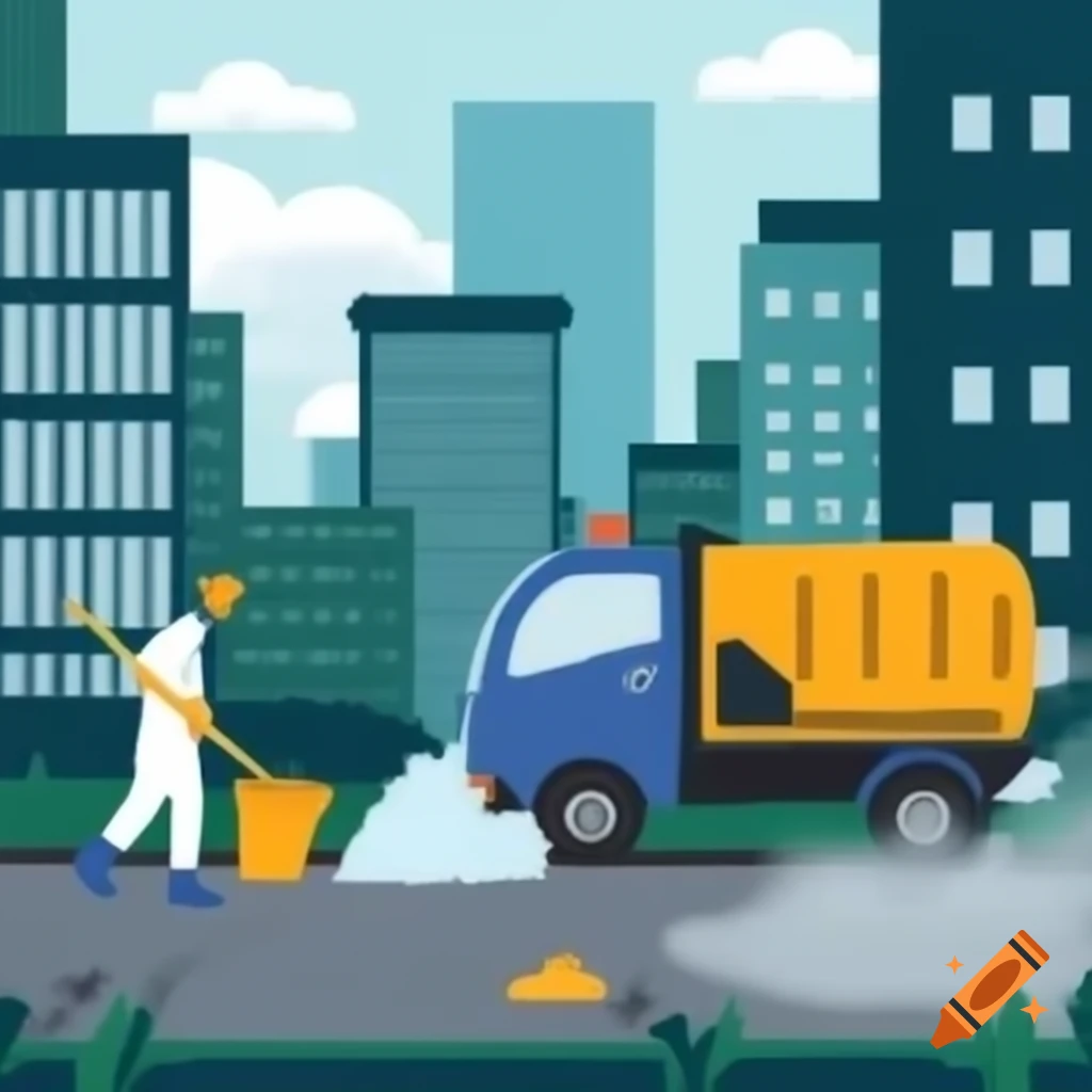 Clean city with dustbin, garbage vehicle, and street sweeper on Craiyon