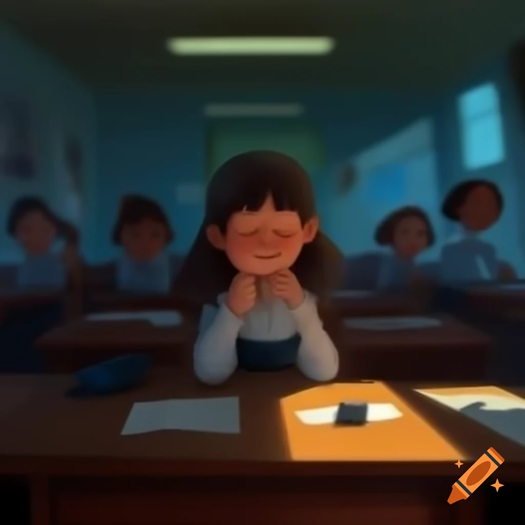 Girl sitting alone in classroom listening to music and reflecting on ...