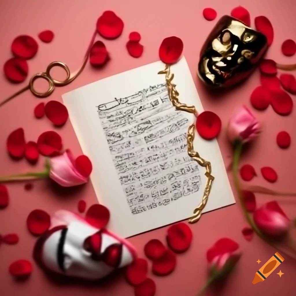 Theater script page with rose petals and comedy-tragedy masks on Craiyon